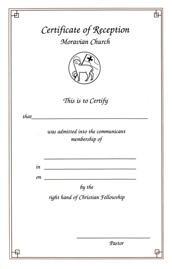 Reception Certificate | Moravian Church in America Bookstore